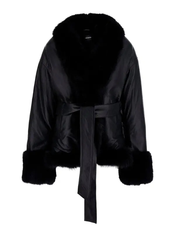ROTATE BY BIRGER CHRISTENSEN Black Jacket With Eco-fur Inserts And Waist Belt In Leather For - Multicolor