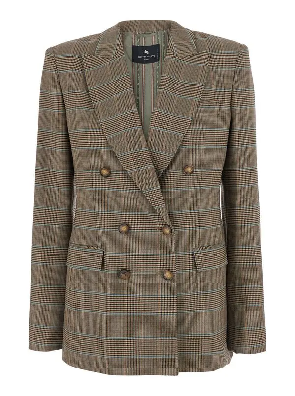 Etro Beige Double-breasted Jacket With Peak Lapels And Check Motif In Wool Blend For - Multicolor