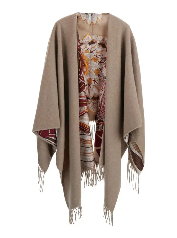 FERRAGAMO Beige Cape With Fringed Edges And All-over Print In Cashmere And Wool For - Multicolor
