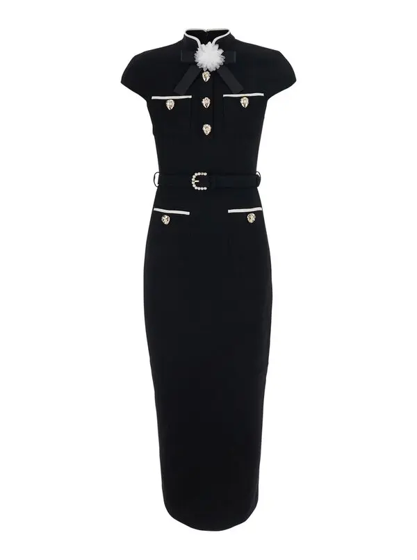 SELF-PORTRAIT Black Long Dress With Bow On The Front And Belt In Wool For - Multicolor