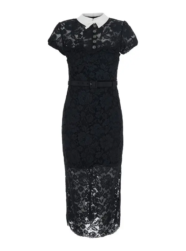SELF-PORTRAIT Black Long Dress With Contrasting Collar And All-over Lace Embroidery In Tech Fabric For - Multicolor
