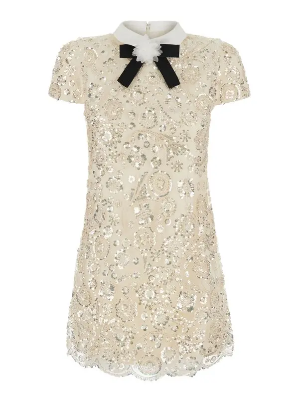 SELF-PORTRAIT Beige Mini Dress With Bow On The Front And All-over Sequin Embroidery In Tech Fabric For - Multicolor