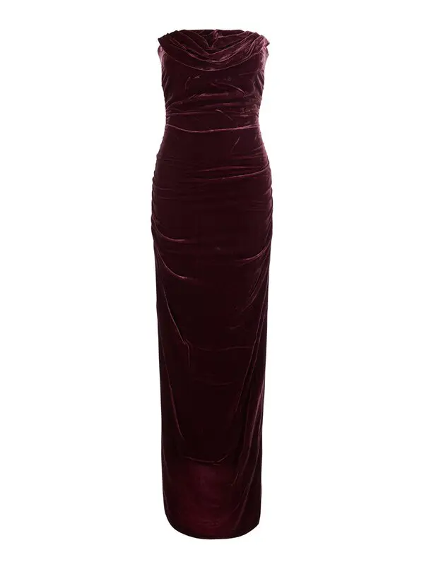 ROTATE BY BIRGER CHRISTENSEN Bordeaux Long Sleeveless Dress With Ruffles In Velvet For - Multicolor