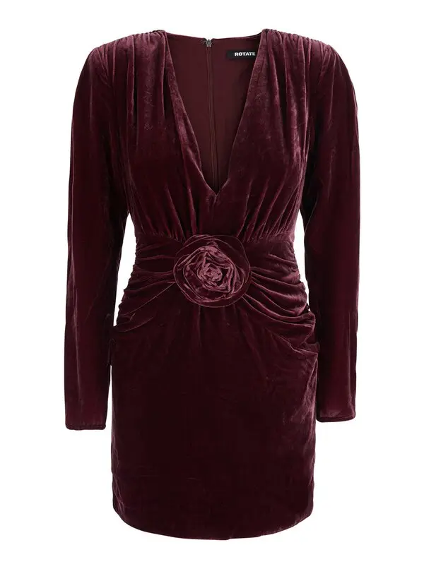 ROTATE BY BIRGER CHRISTENSEN Bordeaux Mini Dress With V-neck And Floral Detail On The Front In Velvet For - Multicolor