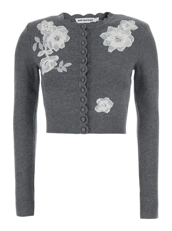 SELF-PORTRAIT Grey Cardigan With Embroidered Floral Lace Details In Wool For - Multicolor