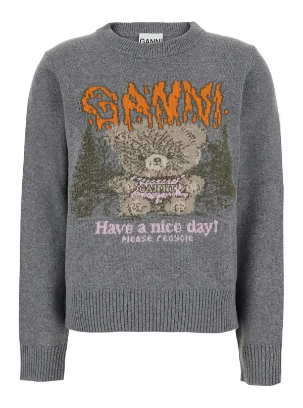 GANNI Gray Crew Neck Sweater With Maxi Graphic On The Front In Blend Wool - Multicolor