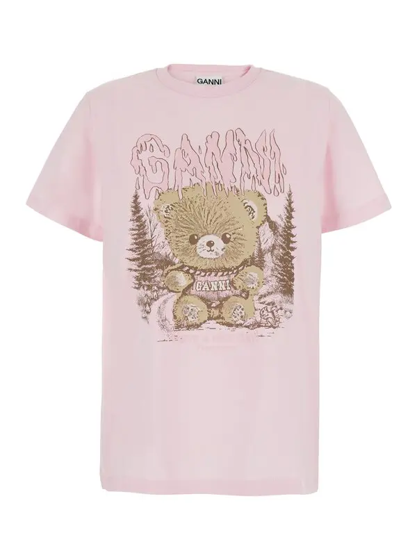 GANNI Pink Round Neck T-shirt With Maxi Print On The Front In Cotton For - Multicolor