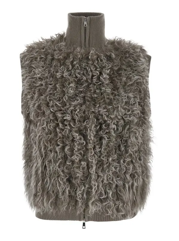 P.a.r.o.s.h Beige Sleeveless Jacket With High Collar And Applied Fur In Wool For - Multicolor