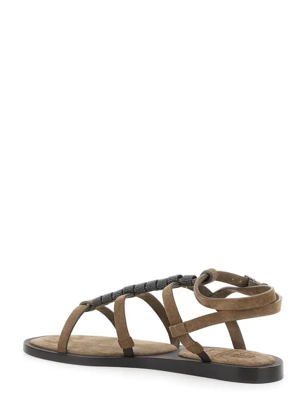 Brunello Cucinelli Brown Sandals With Adjustable Strap Closure And Monile Detail On The Front In Suede For - Multicolor