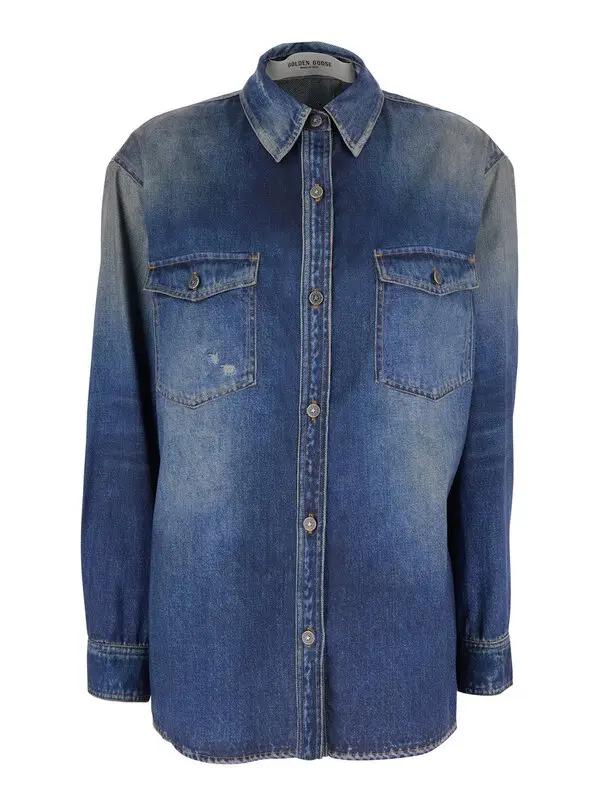 GOLDEN GOOSE Blue Long-sleeved Shirt With Classic Collar And Vintage Effect In Denim For - Multicolor