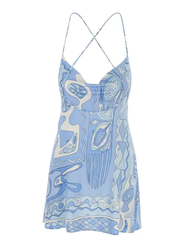 Emilio Pucci Light Blue Sleeveless Dress With Crossed Spaghetti Straps And All-over Geometric Print In Stretch Viscose For - Multicolor