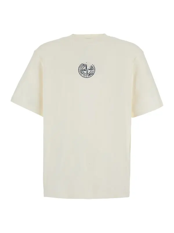 Stone Island Beige Crew Neck T-shirt With Logo On The Front And Maxi Logo Print On The Back In Cotton For - Cream