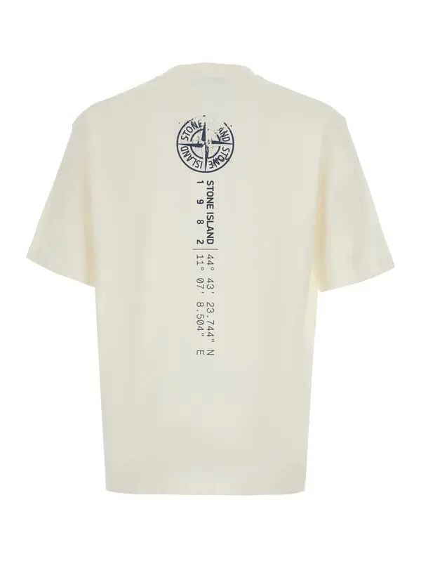 Stone Island Beige Crew Neck T-shirt With Logo On The Front And Maxi Logo Print On The Back In Cotton For - Cream