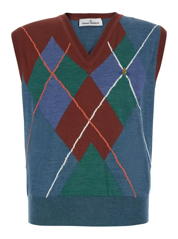VIVIENNE WESTWOOD Crew Neck Vest With Argyle Motif Logo On The Front In Wool For - Multicolor