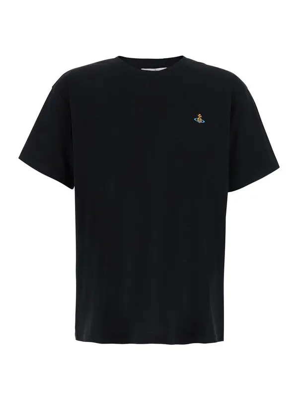 VIVIENNE WESTWOOD Black Crew Neck T-shirt With Orb Embroidery On The Front In Cotton For - Multicolor