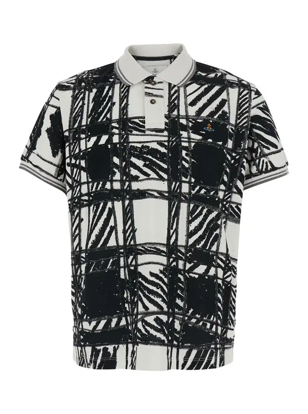 VIVIENNE WESTWOOD And White Polo Shirt With All-over Print And Embroidered Logo In Cotton For - Black