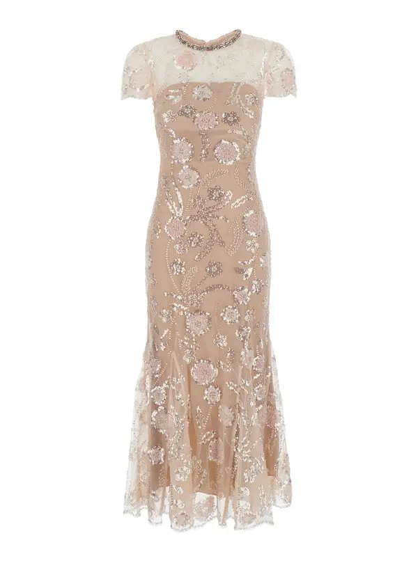 SELF-PORTRAIT Pink Long Dress With All-over Sequins In Fabric - Multicolor