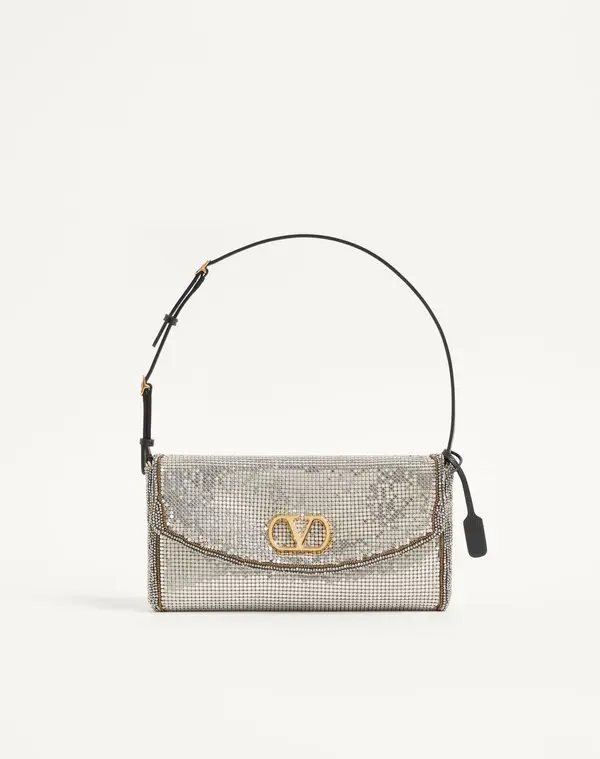 Valentino Garavani Devain Small Shoulder Bag In Metallic Mesh - Silver