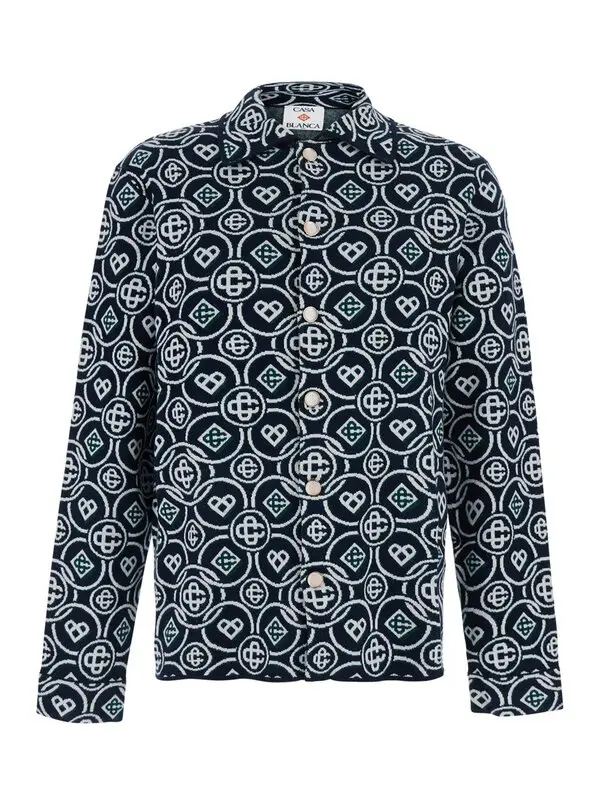 Casablanca Blue Shirt With Classic Collar And All-over Logo Monogram In Cotton For - Multicolor