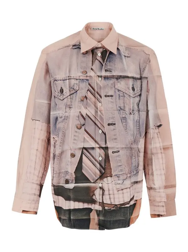 Acne Studios Pink Shirt With Classic Collar And Trompe L'oeil Print In Cotton For - Multicolor
