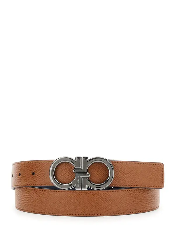 FERRAGAMO Beige Reversible Belt With Gancini Buckle In Hammered Leather - Multicolor