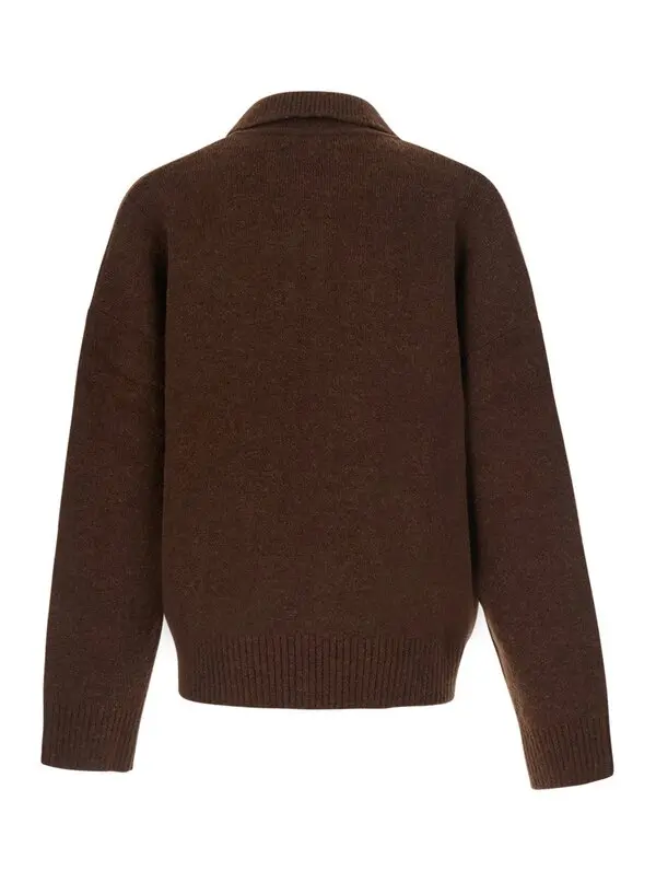 AMI Paris Sweater With Polo Collar And Adc Embroidery On The Front In Wool For - Brown