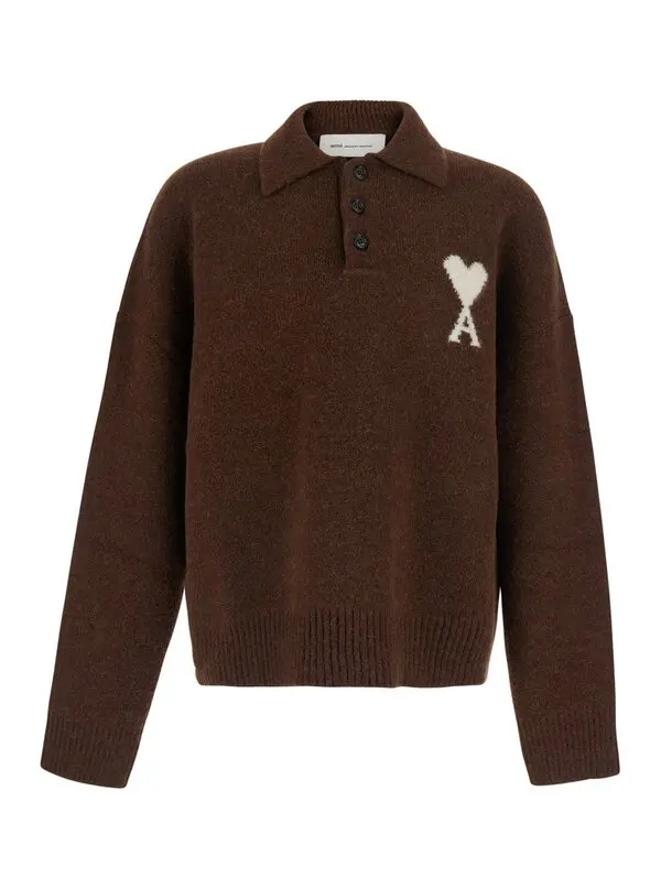 AMI Paris Sweater With Polo Collar And Adc Embroidery On The Front In Wool For - Brown