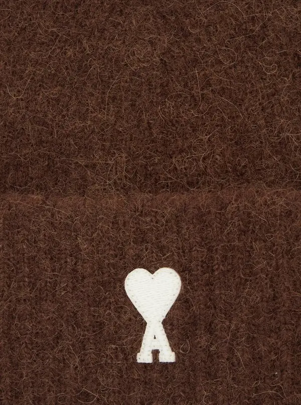 AMI Paris Beanie With De Coeur Logo And Brown Tech Fabric - Multicolor