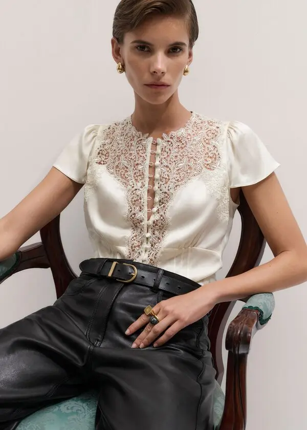 ME+EM Silk Satin And Lace Cap Sleeve Top