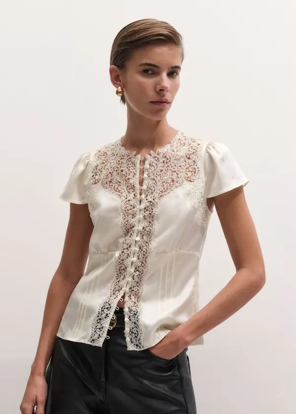 ME+EM Silk Satin And Lace Cap Sleeve Top - Light Cream