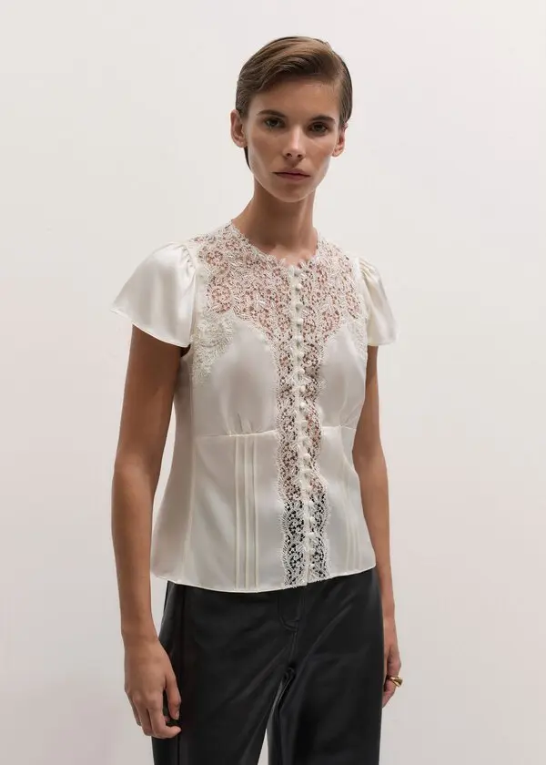 ME+EM Silk Satin And Lace Cap Sleeve Top - Light Cream