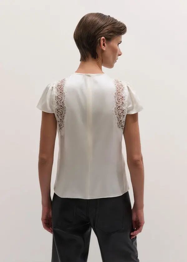 ME+EM Silk Satin And Lace Cap Sleeve Top - Light Cream