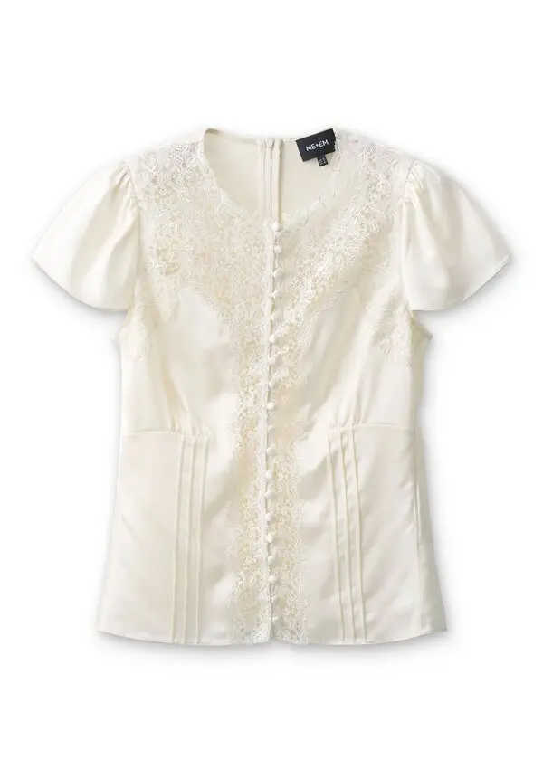 ME+EM Silk Satin And Lace Cap Sleeve Top - Light Cream