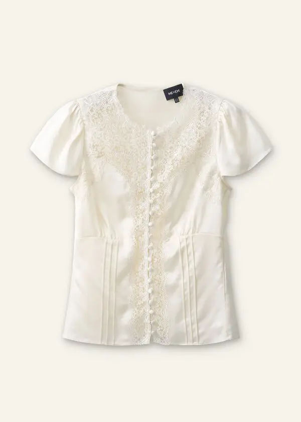 ME+EM Silk Satin And Lace Cap Sleeve Top - Light Cream