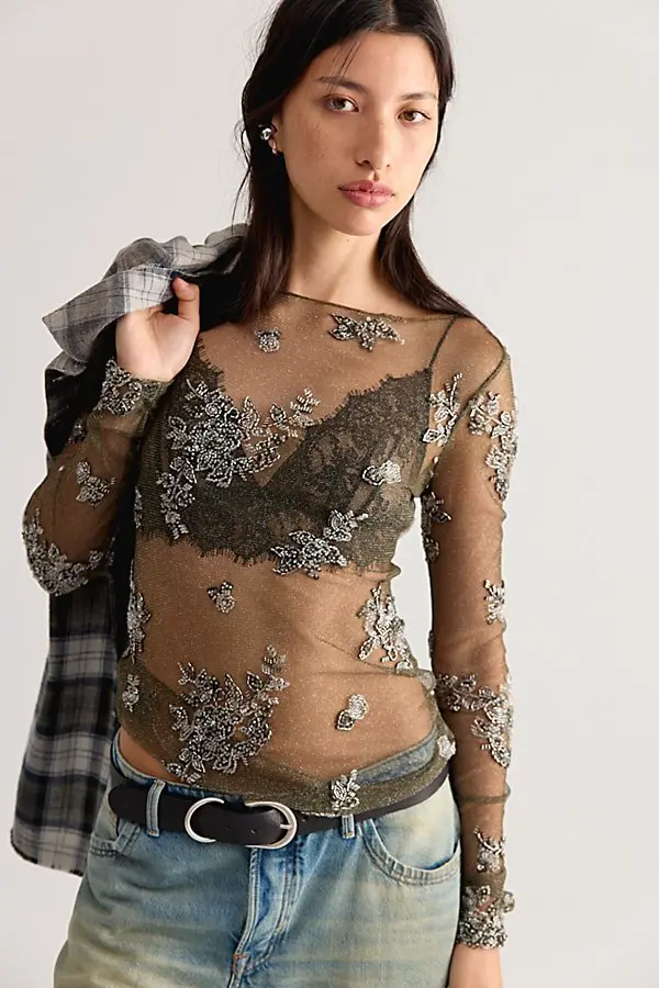 Free People Talk To Me Embellished Long Sleeve Top