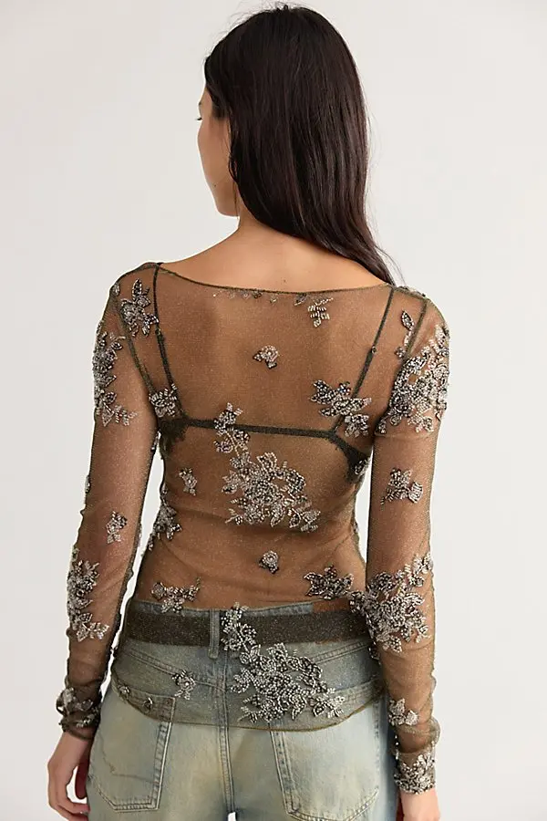 Free People Talk To Me Embellished Long Sleeve Top