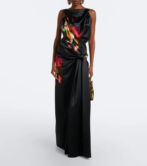 Dries Van Noten Draped Printed Silk Satin Gown