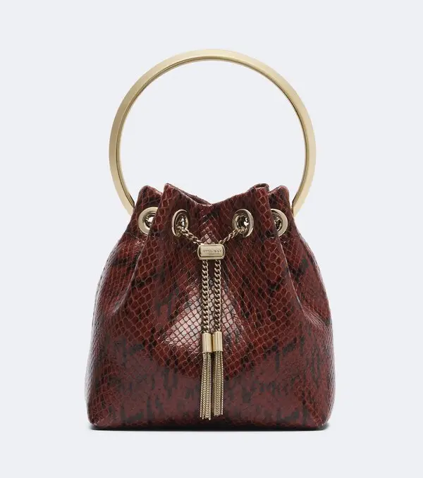 JIMMY CHOO Bon Bon Snake-effect Leather Bucket Bag - Brown