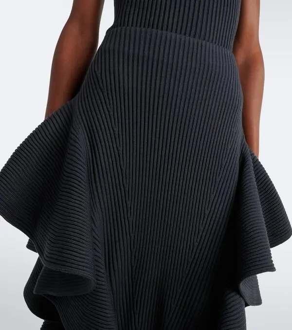 Alaïa Ribbed-knit Ruffled Wool-blend Midi Skirt