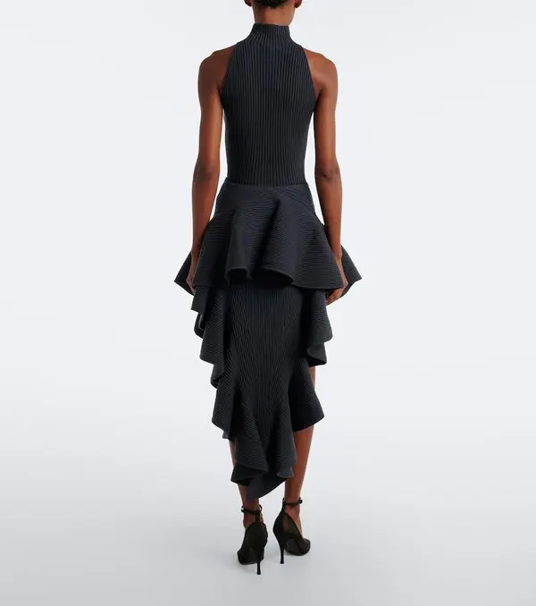 Alaïa Ribbed-knit Ruffled Wool-blend Midi Skirt