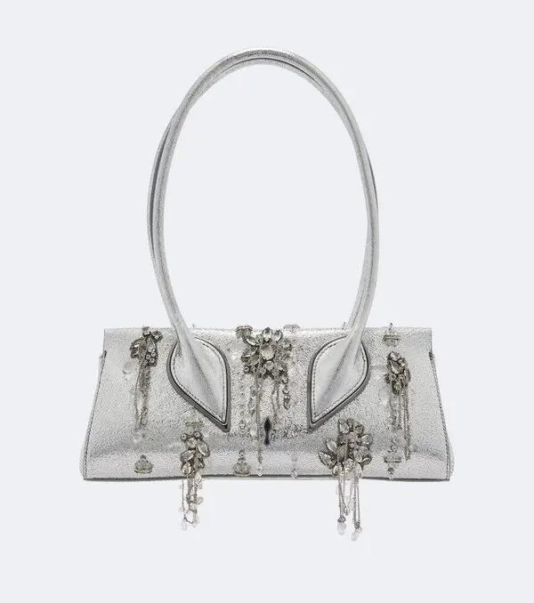 CHRISTIAN LOUBOUTIN Venus Small Embellished Leather Shoulder Bag - Silver