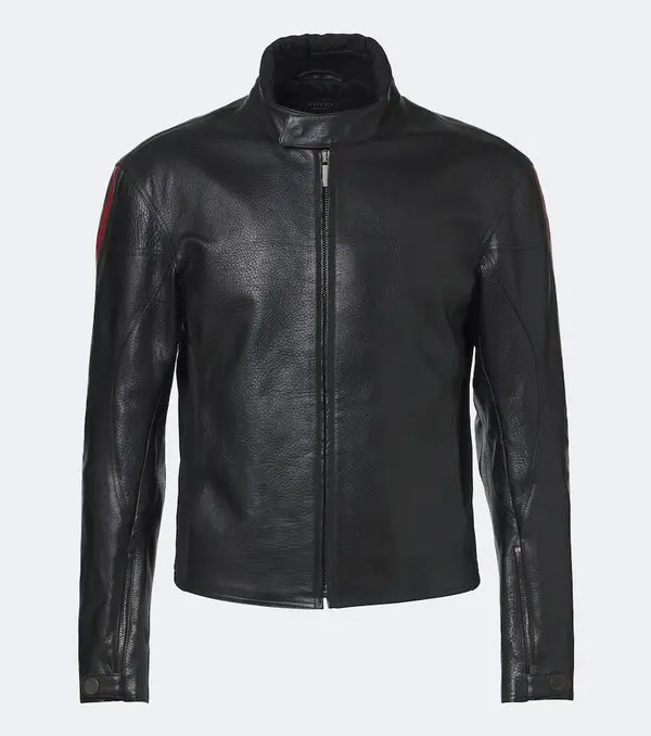 Gucci Web Stripe Leather Biker Jacket - Black