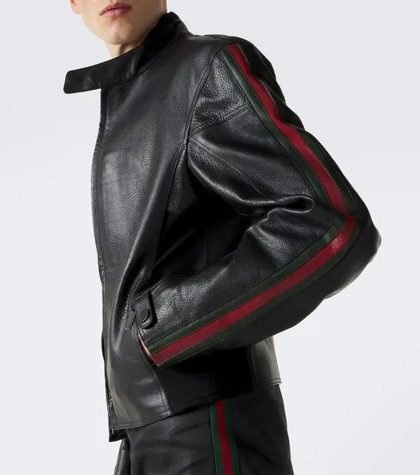 Gucci Web Stripe Leather Biker Jacket