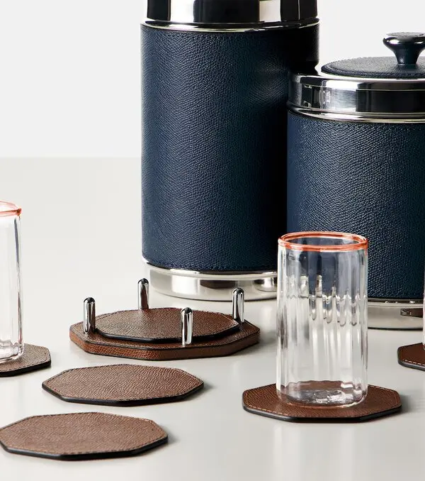 GIOBAGNARA David Leather And Steel Holder And Set Of 6 Coasters