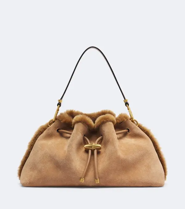 JIMMY CHOO Cinch Medium Suede Shoulder Bag - Beige