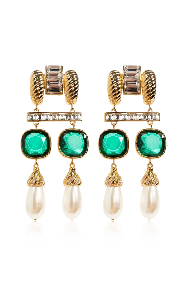 Valentino Garavani Long Clip-on Earrings With Shimmering Crystals - Green