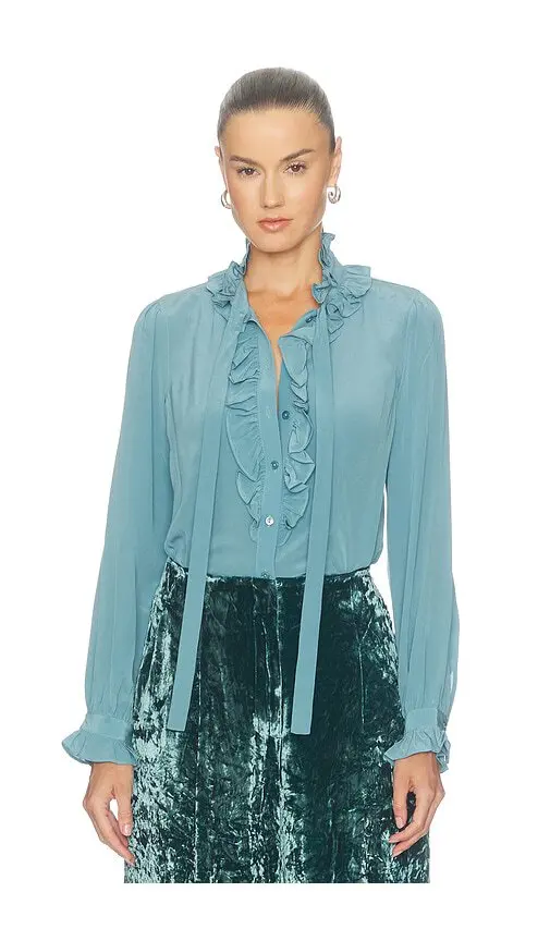 Ulla Johnson Catroux Longsleeve Silk Blouse In Blue - Heron