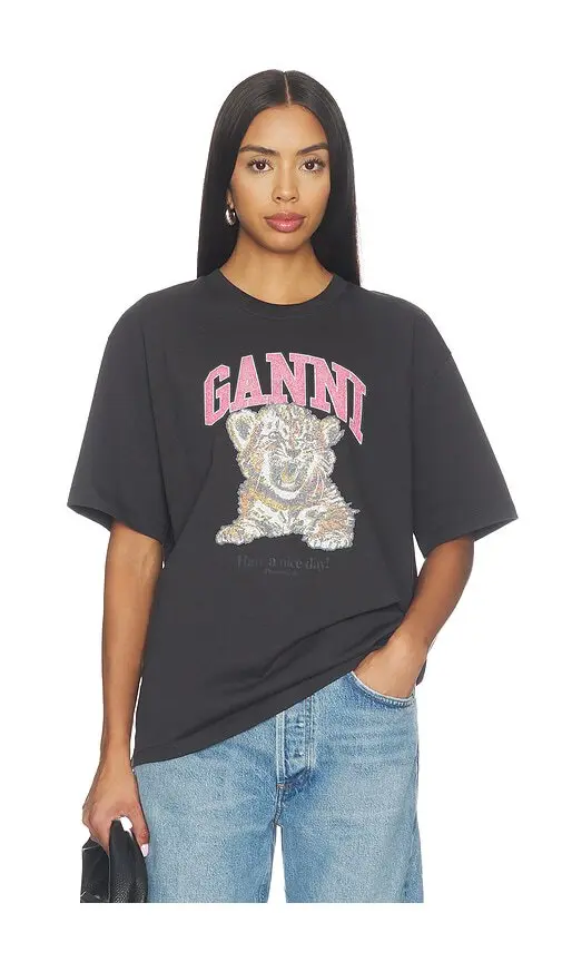 GANNI Heavy Cotton Jersey Tiger Caviar Tee In Black - Phantom