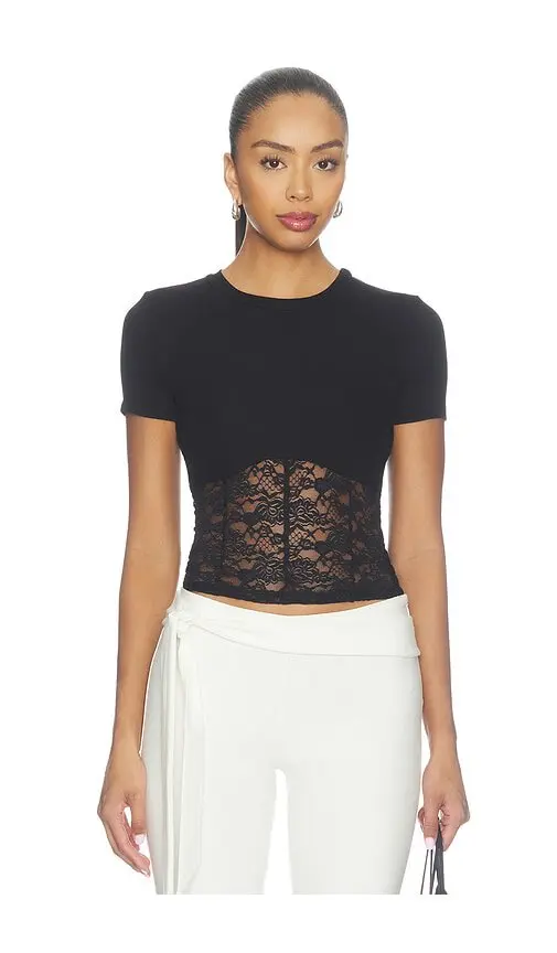 Michael Lauren Ember Rib Lace Shortsleeve Tee - Black