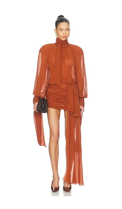 ROWEN ROSE Bow Neck Mini Dress In Burnt Orange